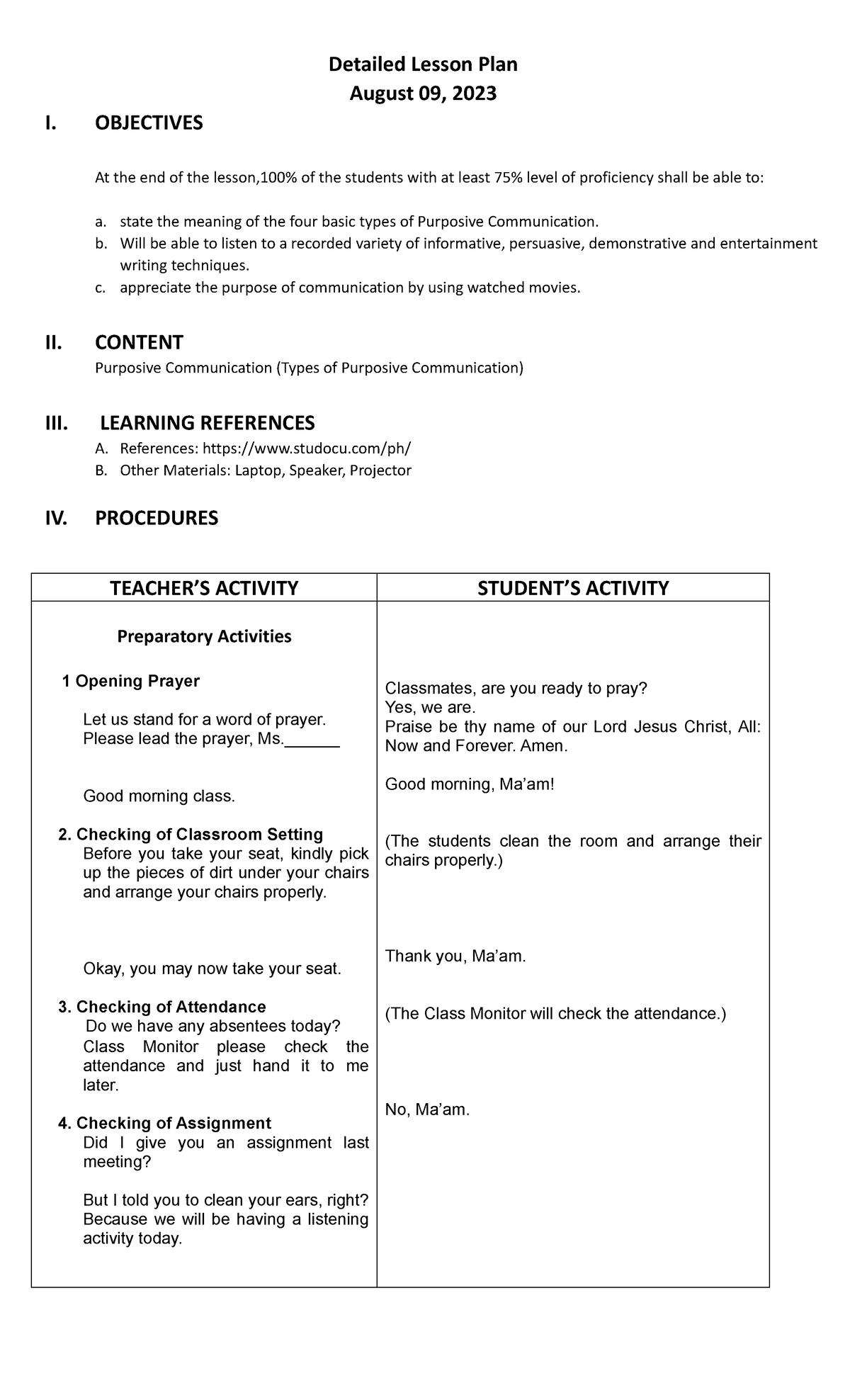 Cbsua DEMO - enjoy - Detailed Lesson Plan August 09, 2023 I. OBJECTIVES ...