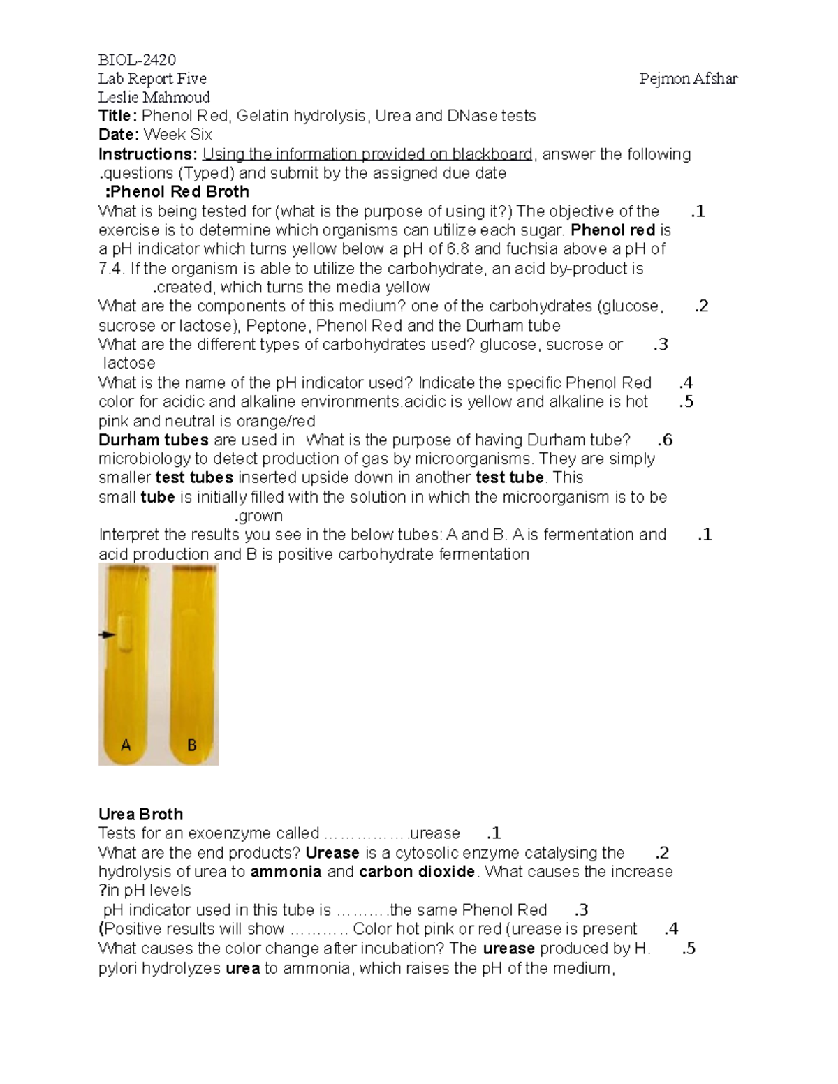 BIOL2420 Lab Report Five - BIOL- Lab Report Five Pejmon Afshar Leslie ...
