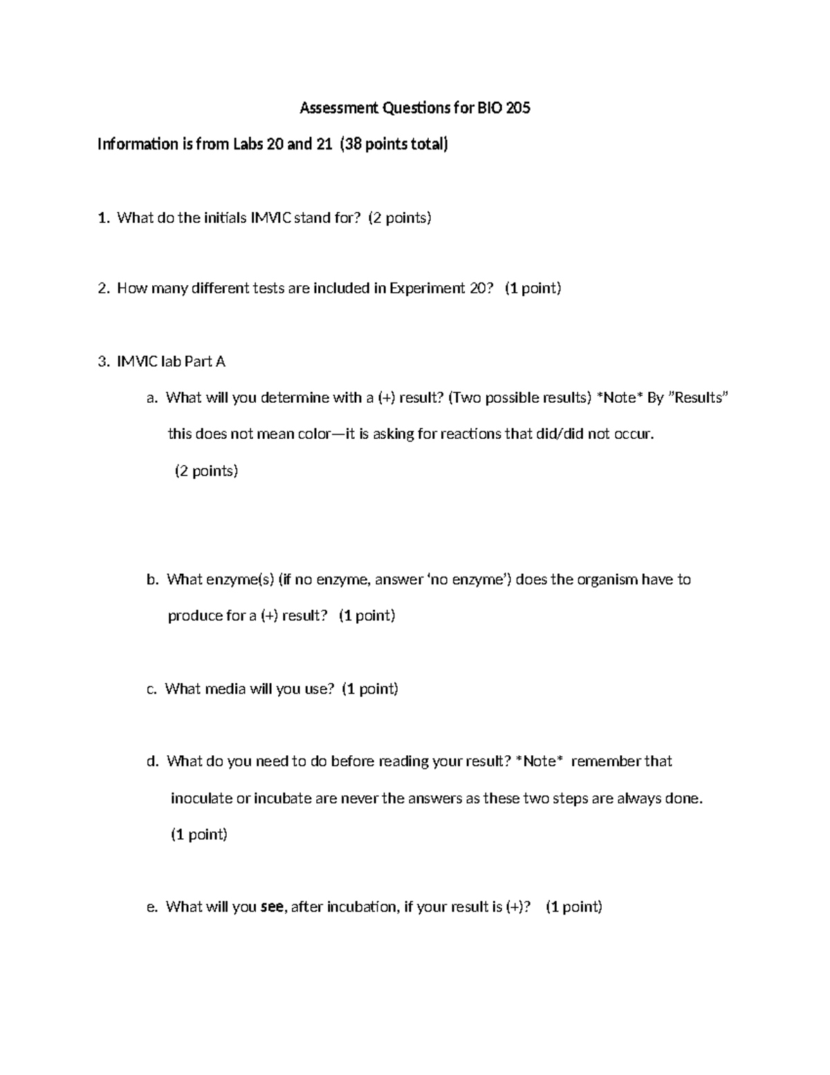 BIO 205 Assessment Questions fall 2023 - Assessment Questions for BIO ...