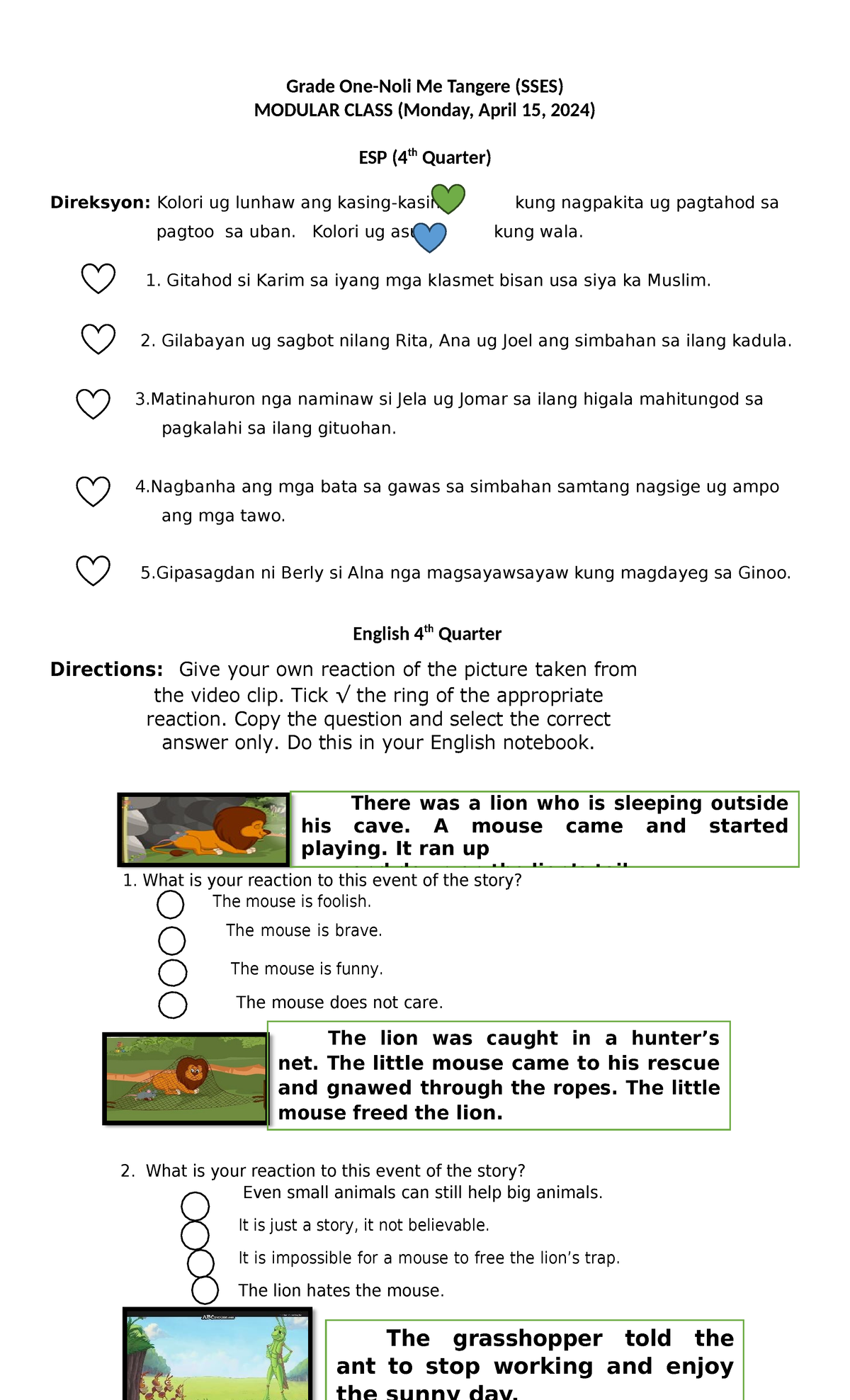 I SSES Modular Activities Monday April 152024 - Grade One-Noli Me Tangere (SSES) MODULAR CLASS ...
