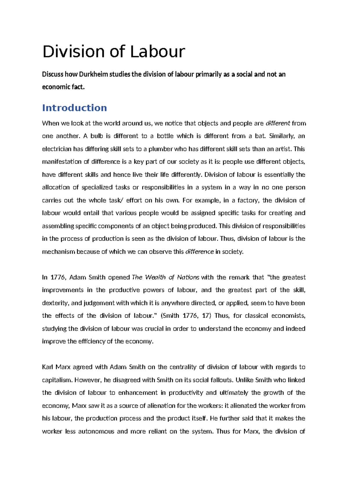 Division of Labour - it summarizes the important points from all three ...