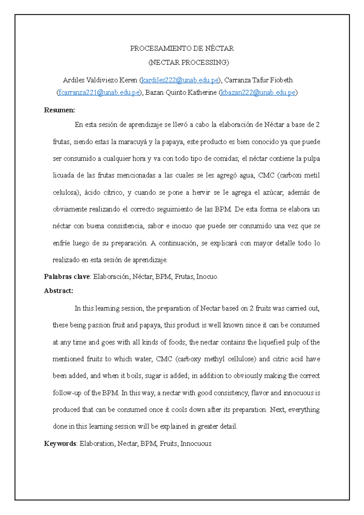 Informe del nectar mixto - PROCESAMIENTO DE NÉCTAR (NECTAR PROCESSING ...