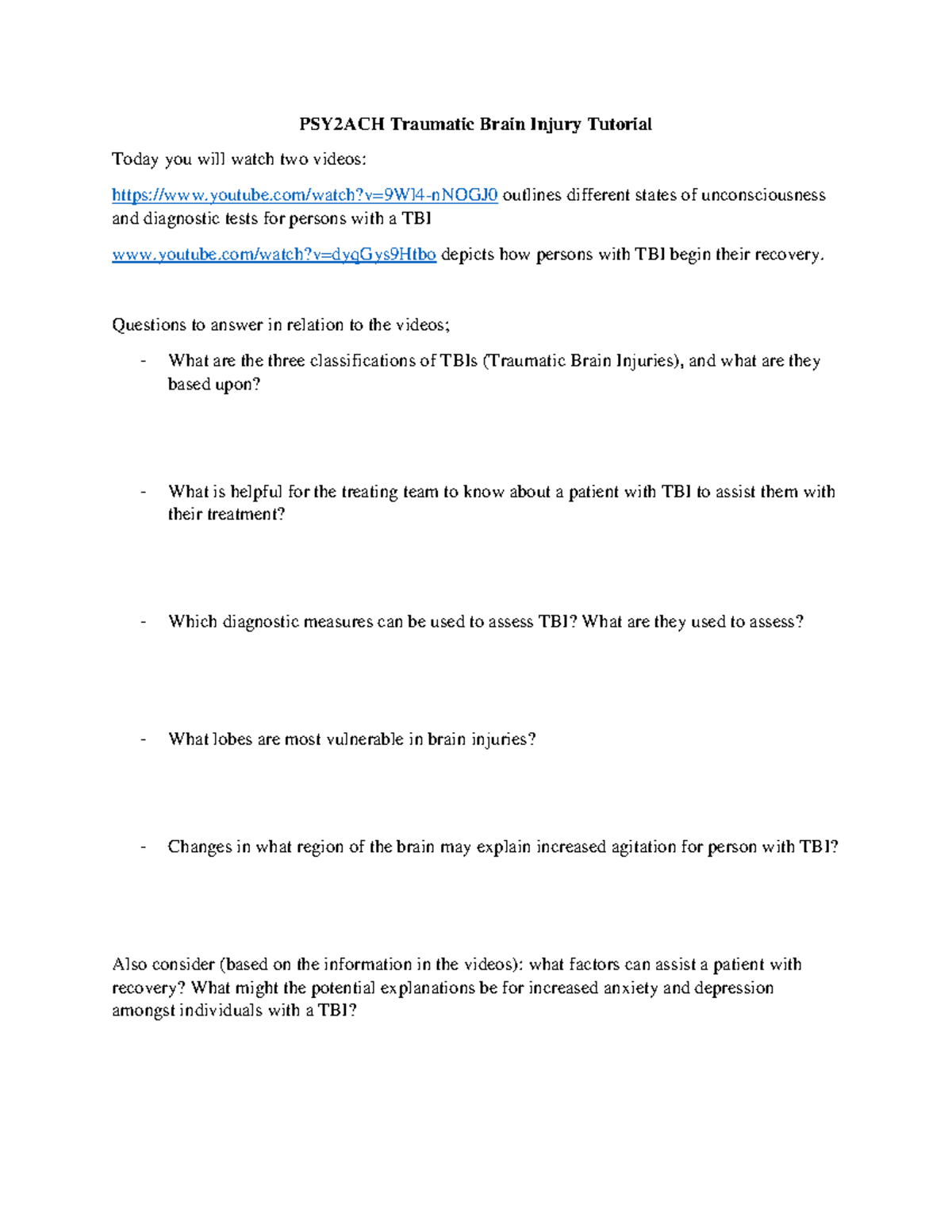 PSY2ACH Traumatic Brain Injury Tutorial 2019 Student Handout - Warning: TT: undefined function ...