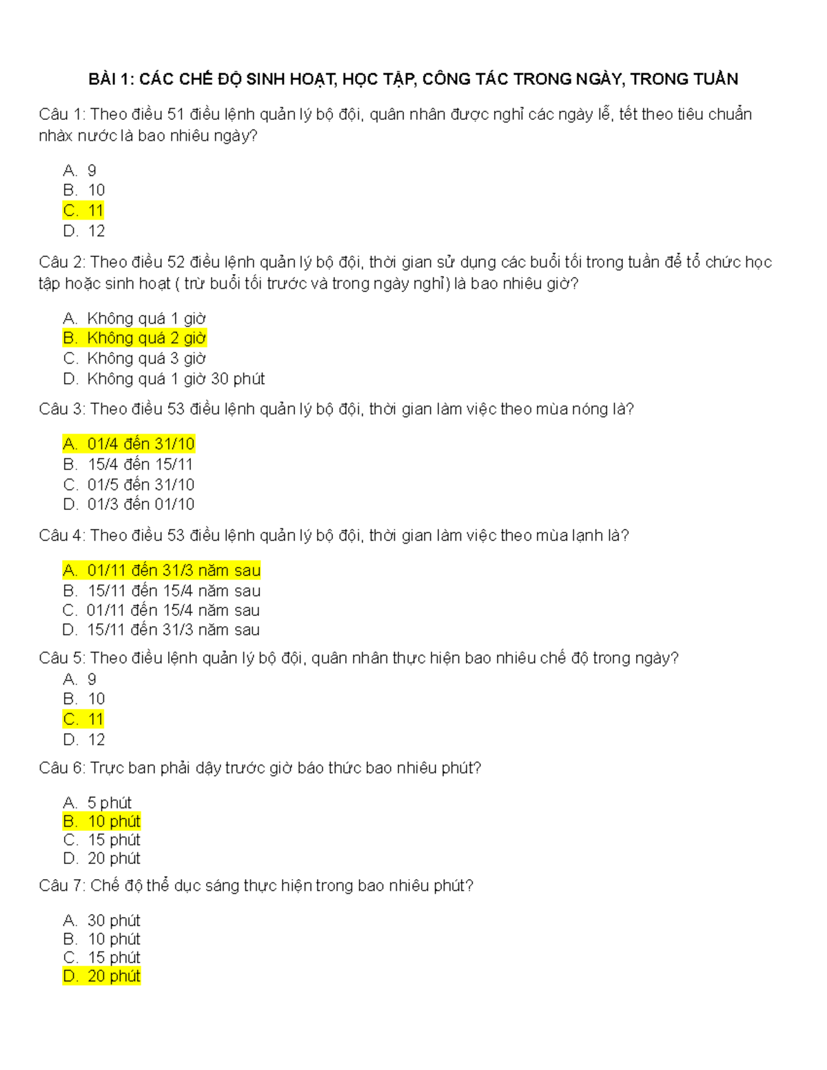 Đáp án từ bài 1 đến 4 - BÀI 1: CÁC CHẾ ĐỘ SINH HOẠT, HỌC TẬP, CÔNG TÁC ...