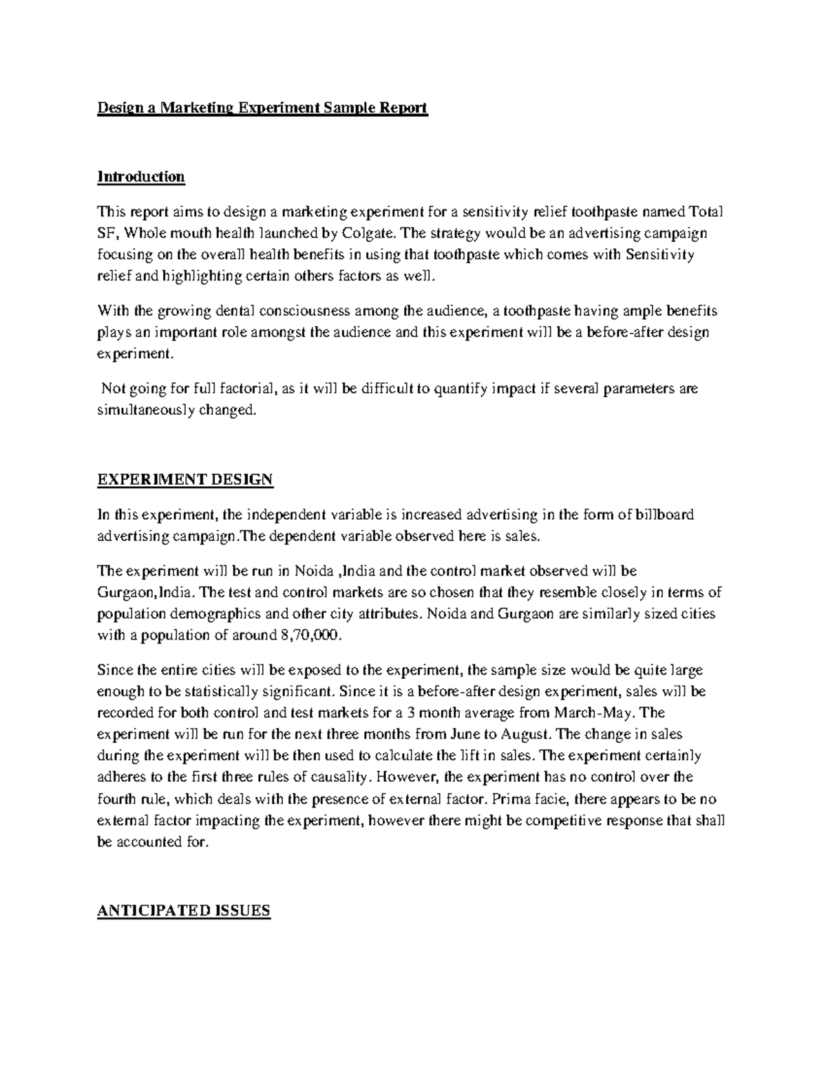 Toaz - jkbj - Design a Marketing Experiment Sample Report Introduction ...