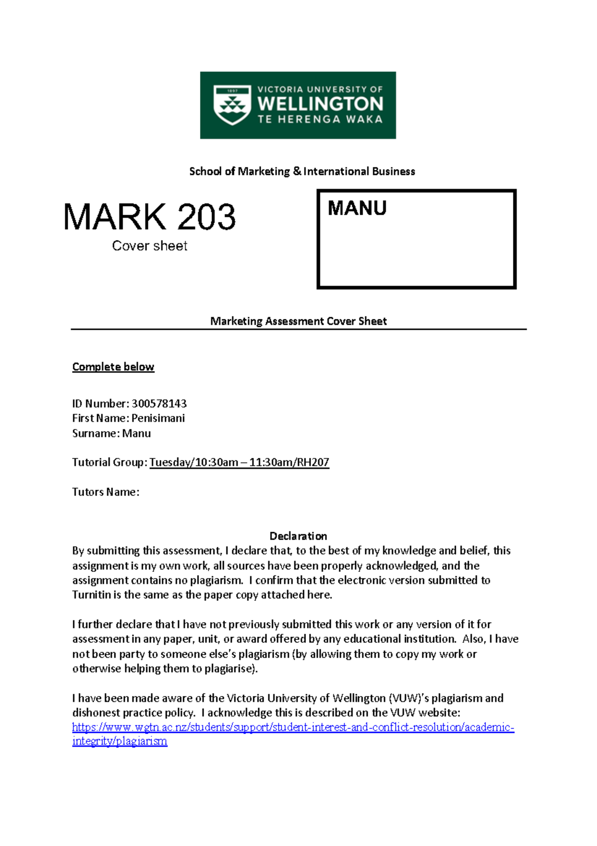 MARK 203 Assignment copy - MARK 203 Cover sheet Marketing Assessment ...