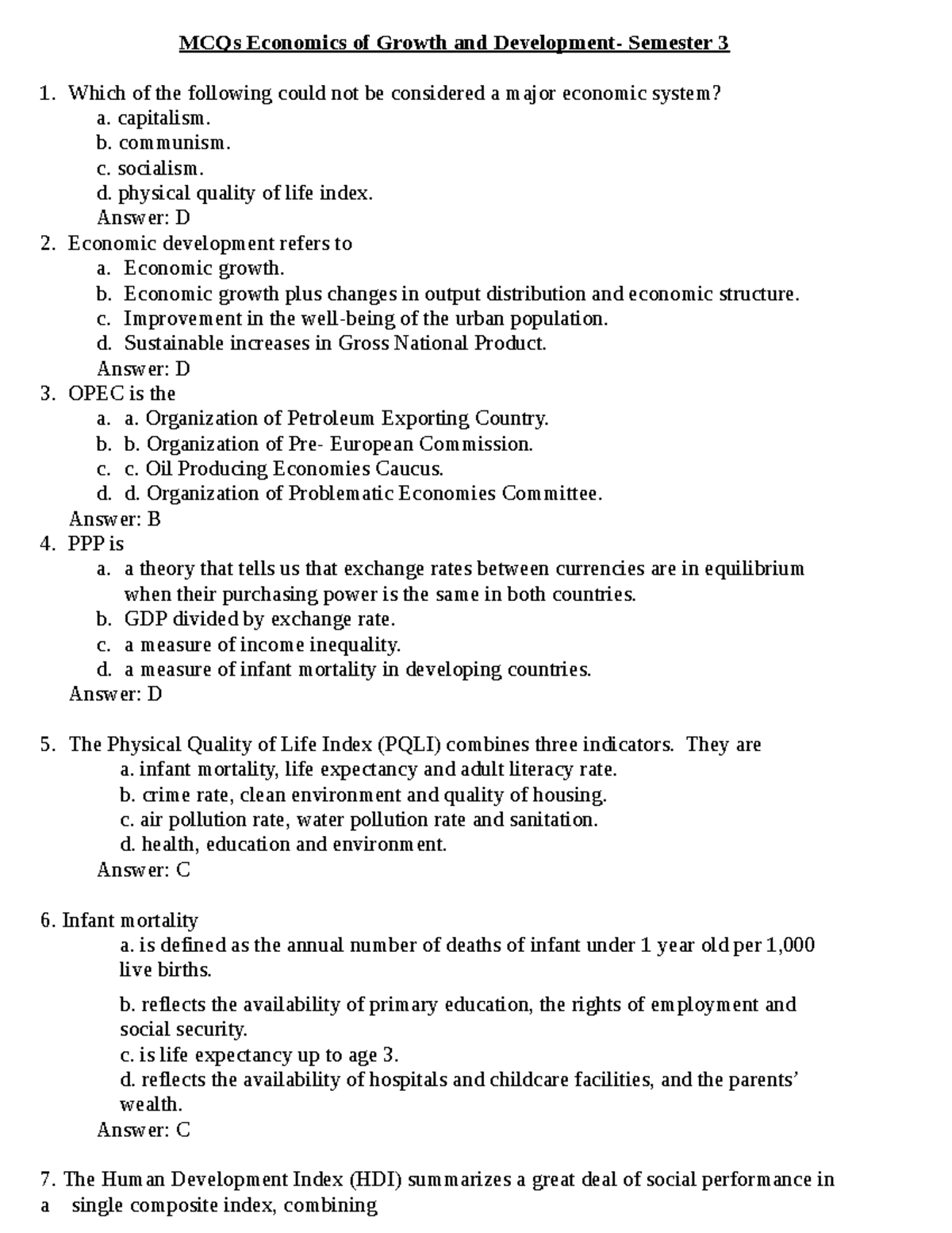 MCQ Economics of Growth and Development correct - MCQs Economics of ...