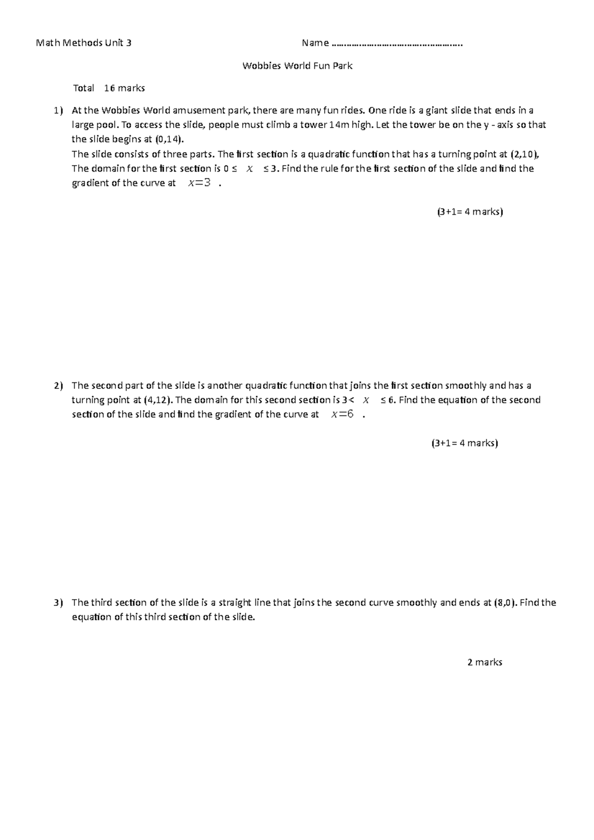 Math Methods Unit 3 SAC Preparation Fun Park - Math Methods Unit 3 Name ...