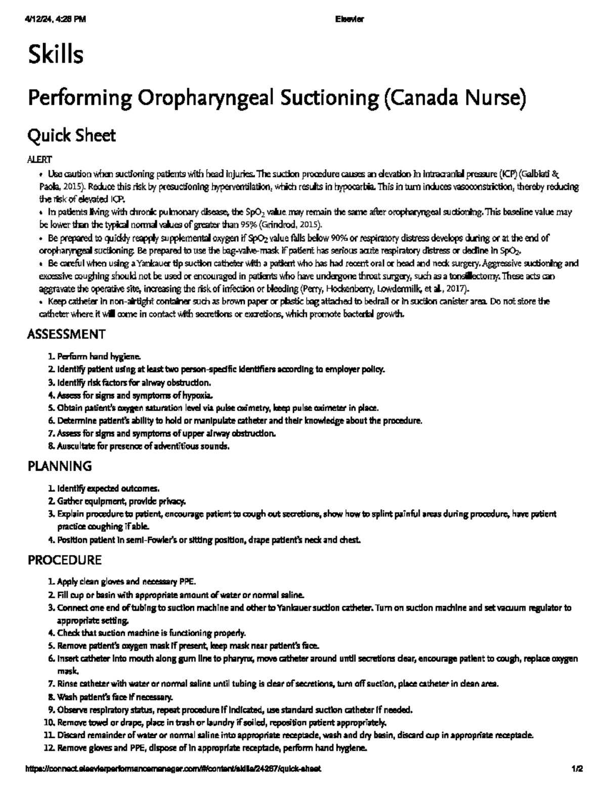 Performing Oropharyngeal Suctioning Full Checklist - NURS1503U - Studocu