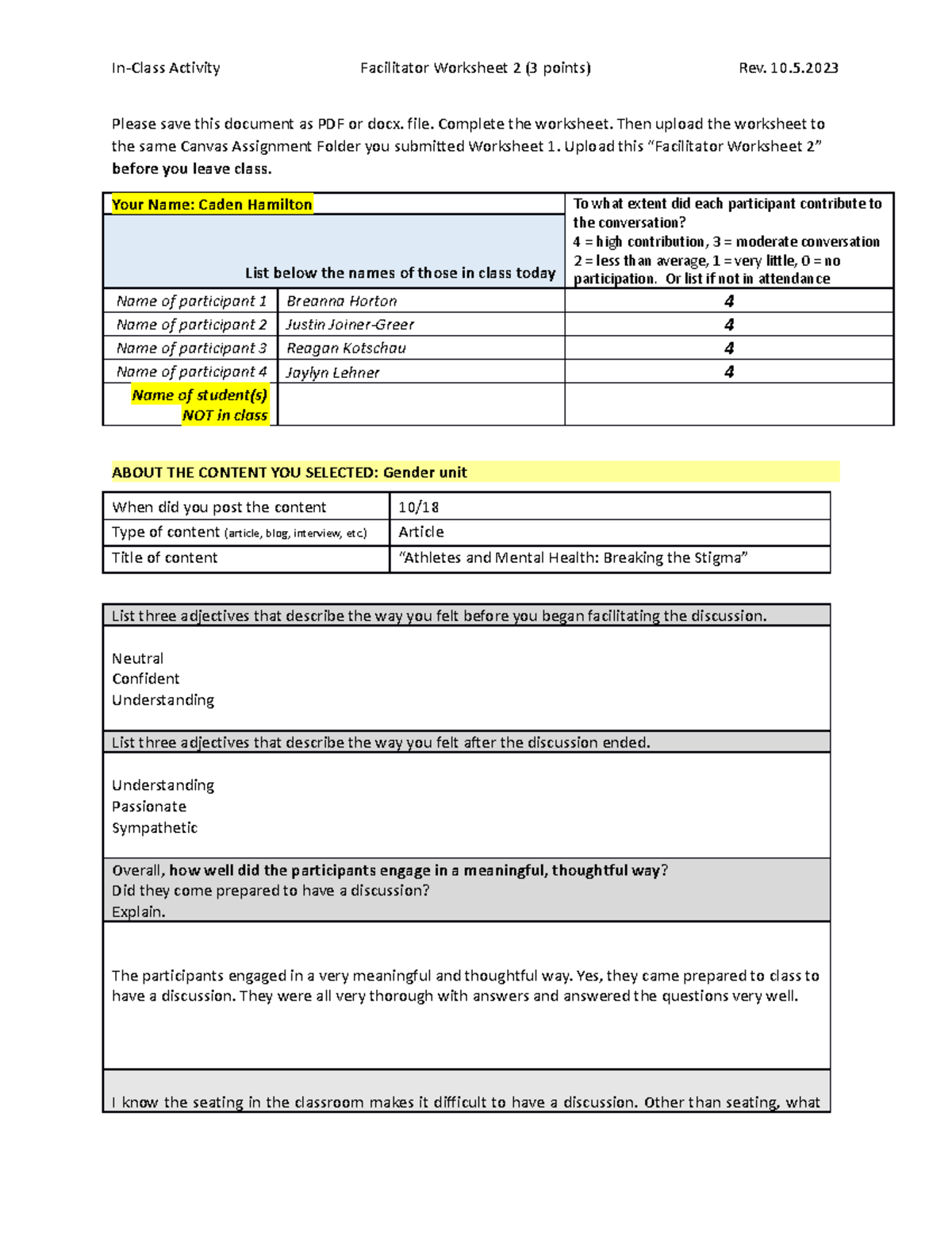 3. Facilitator Worksheet 2 - In Class Reflection-5 - In-Class Activity ...