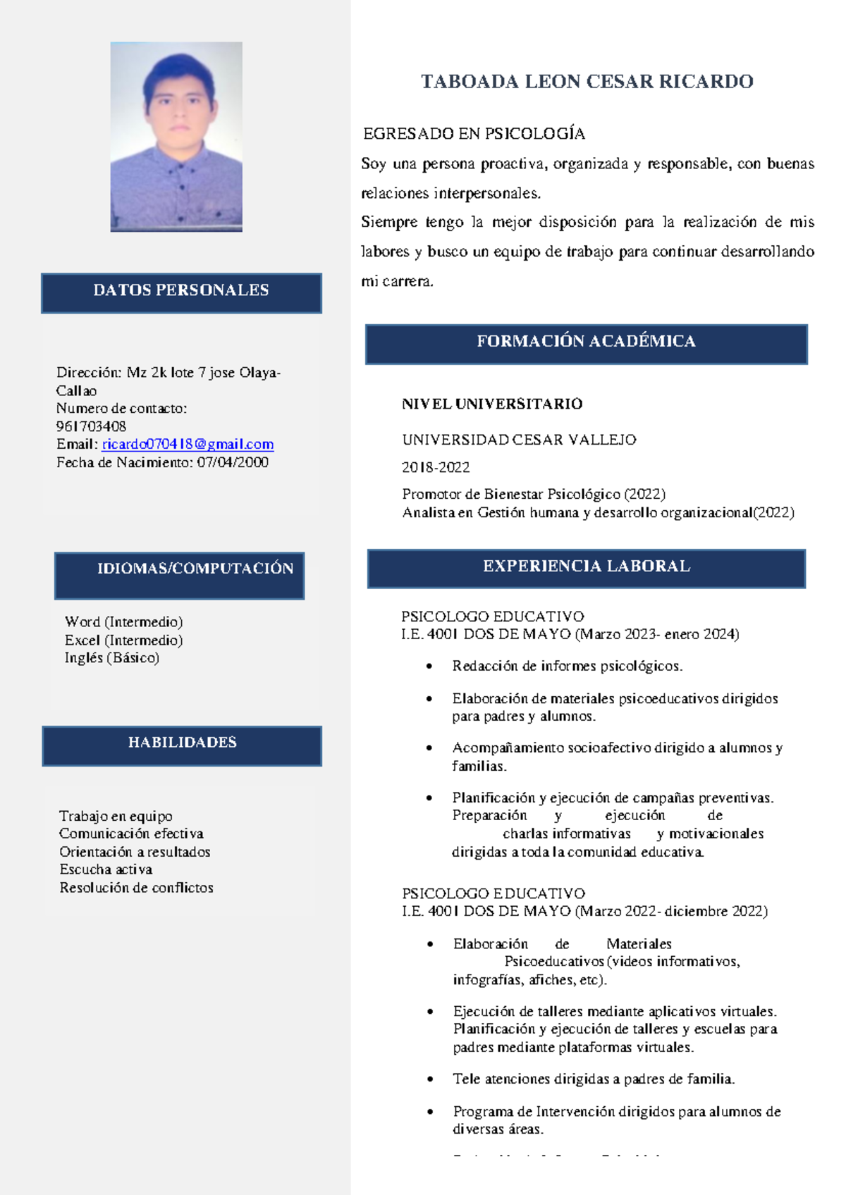 CV- Taboada - TABOADA LEON CESAR RICARDO EGRESADO EN PSICOLOGÍA Soy una ...