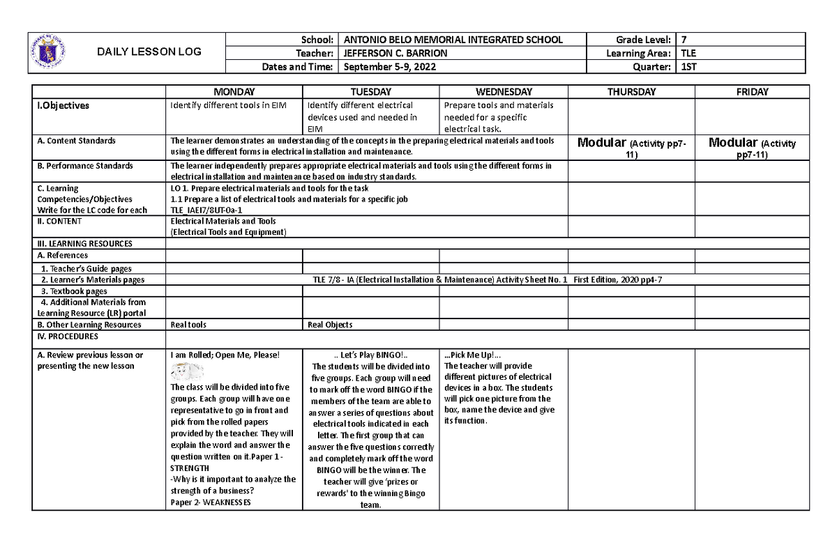 DLL in TLE Q1 EIM 1 - Tools - DAILY LESSON LOG School: ANTONIO BELO ...