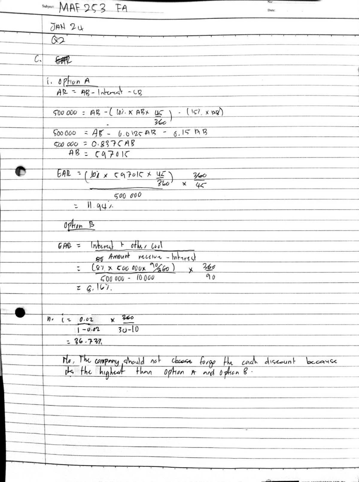 MAF253 tutorial 13.11 Q2 c - No: Subject MAF 253 FA Date JAN 24 Q2 C. EAR i. option A AR ...
