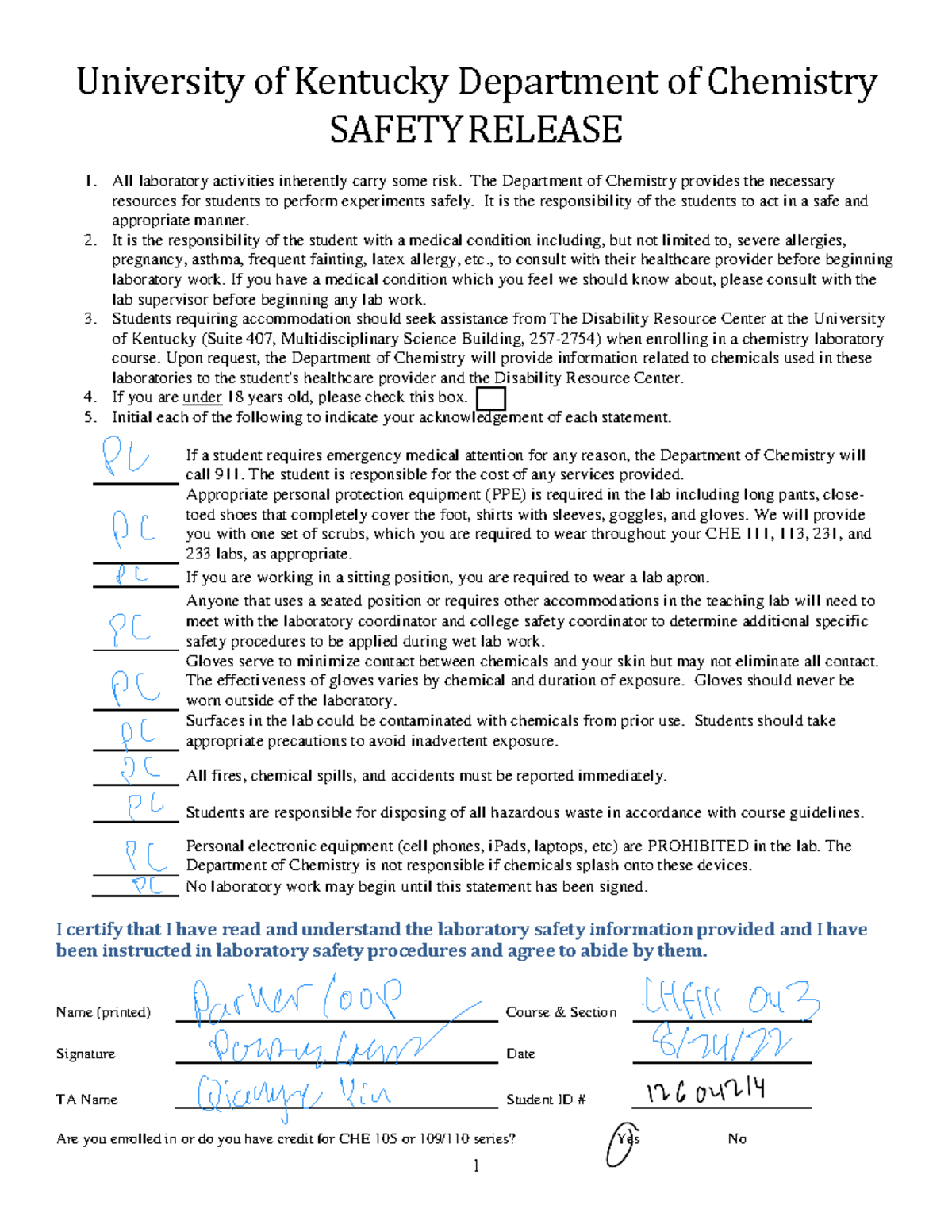 Safety release 111-1 - Yes - 1 University of Kentucky Department of ...