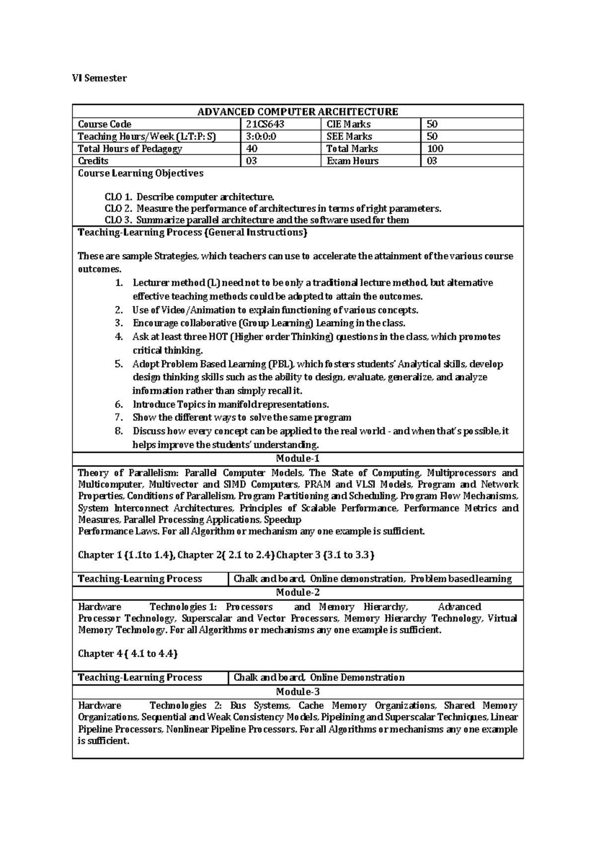 Advance computer architecture - VI Semester ADVANCED COMPUTER ...