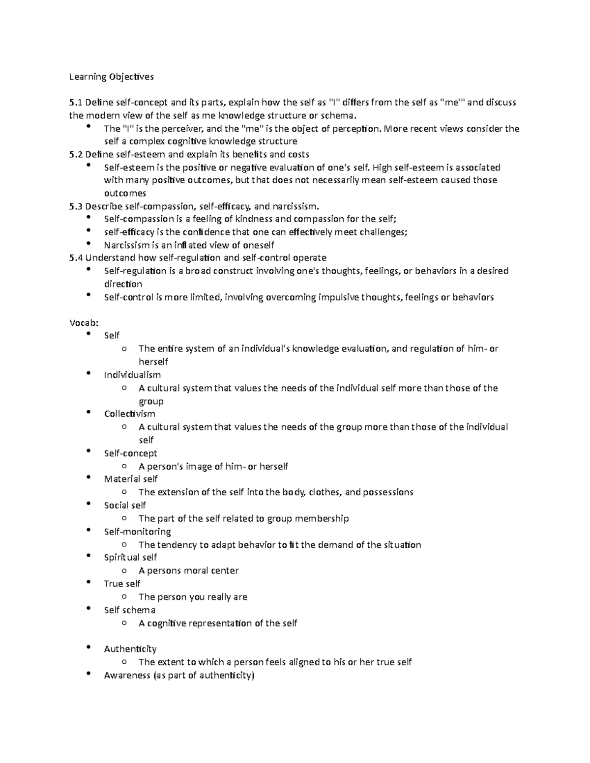 Personality Notes 5 - Learning Objectives 5 Define self-concept and its ...