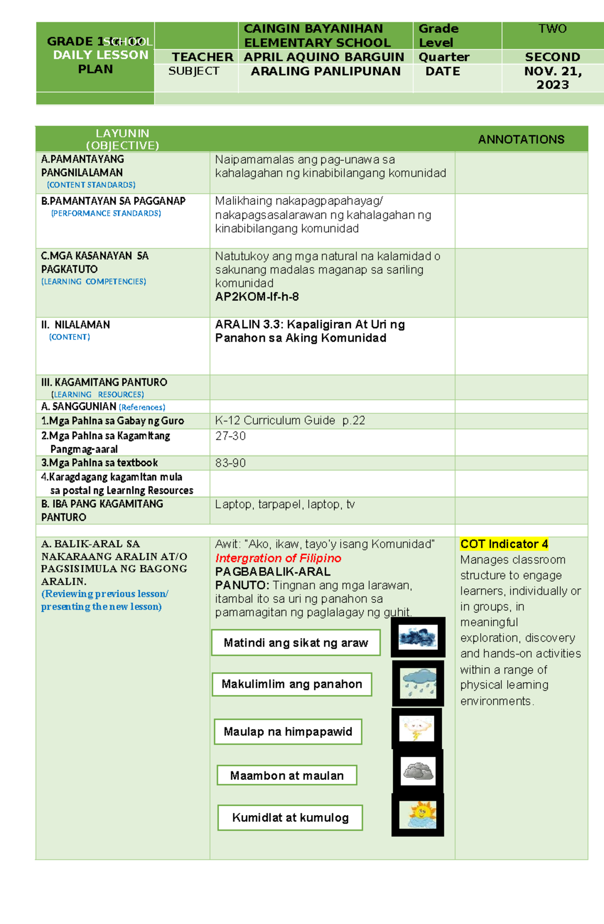 AP Q2 COT - COT 2 - GRADE 1 to 12 DAILY LESSON PLAN SCHOOL CAINGIN ...