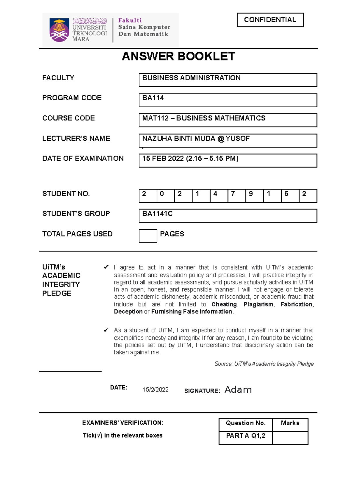 MAT112 Answer Scripts Front PAGE - ANSWER BOOKLET FACULTY BUSINESS ADMINISTRATION PROGRAM CODE ...