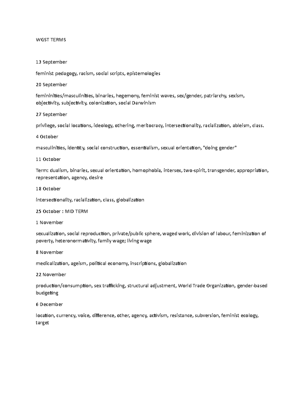 WGST Terms - WGST TERMS 13 September feminist pedagogy, racism, social ...