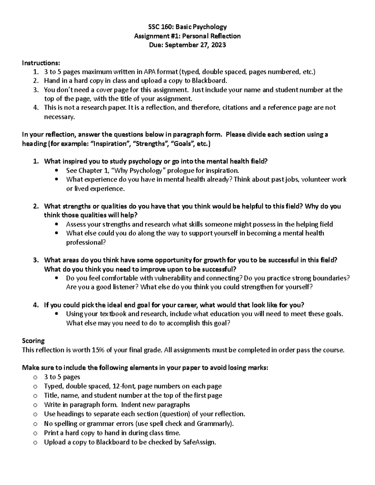 Ssc 160 Assignment 1 First Reflection Ssc 160 Basic Psychology