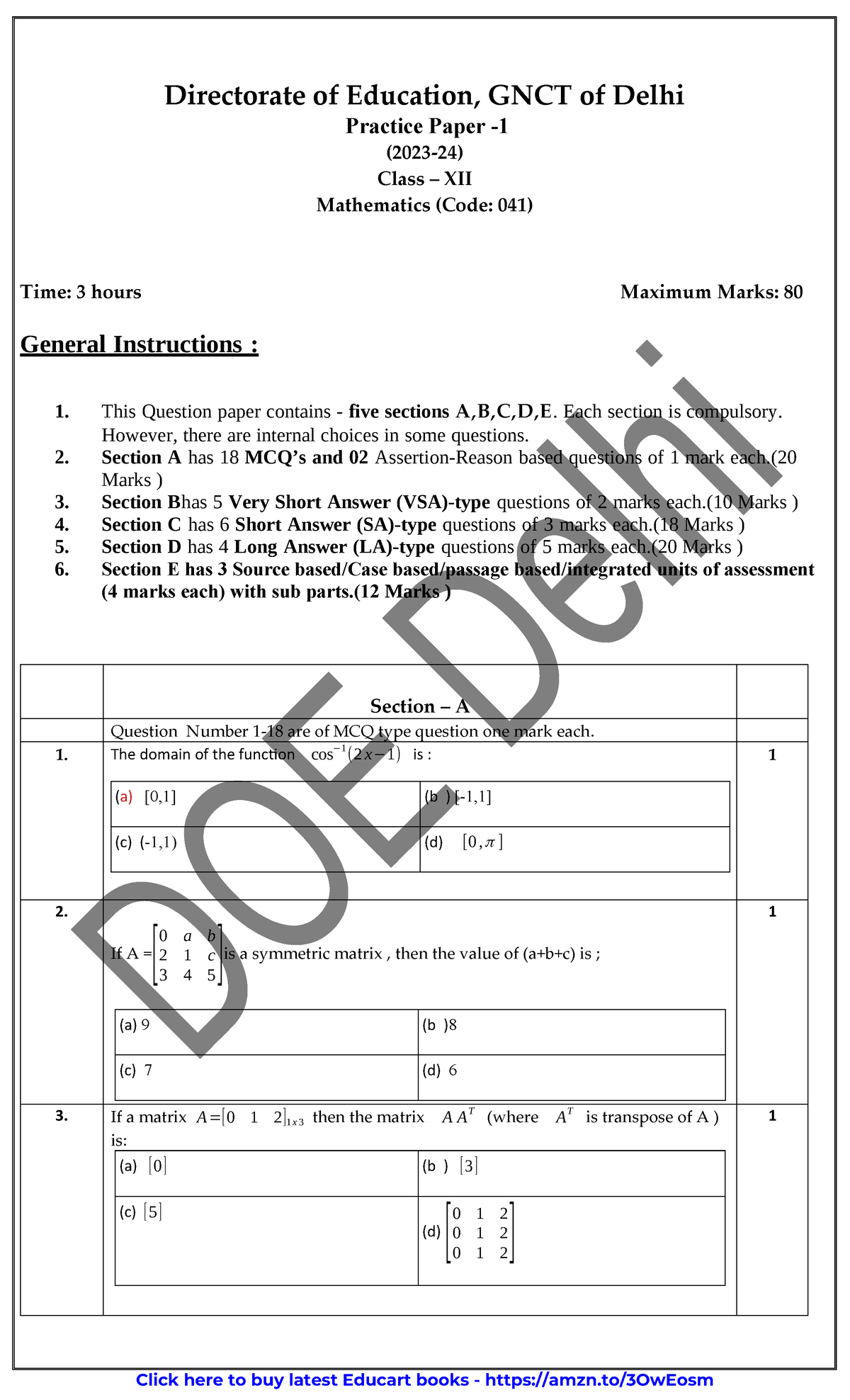 Class 12 Math Practice Paper 2023-24 Set 1 - Directorate of Education ...