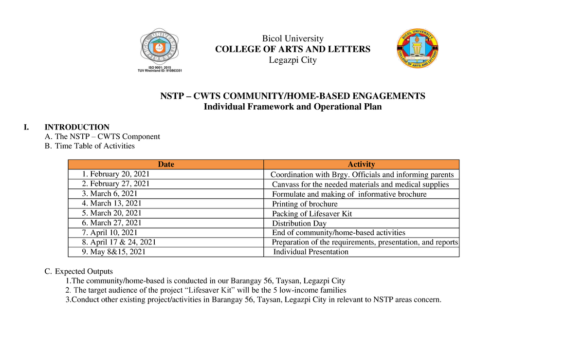 Ajero CWTS PM Framework-AND- Operation-PLAN - Bicol University COLLEGE ...