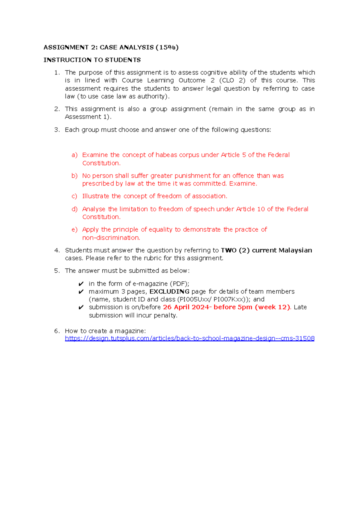 Instruction FOR CASE Analysis JAN-JUNE 2024 - ASSIGNMENT 2: CASE ANALYSIS (15%) INSTRUCTION TO ...