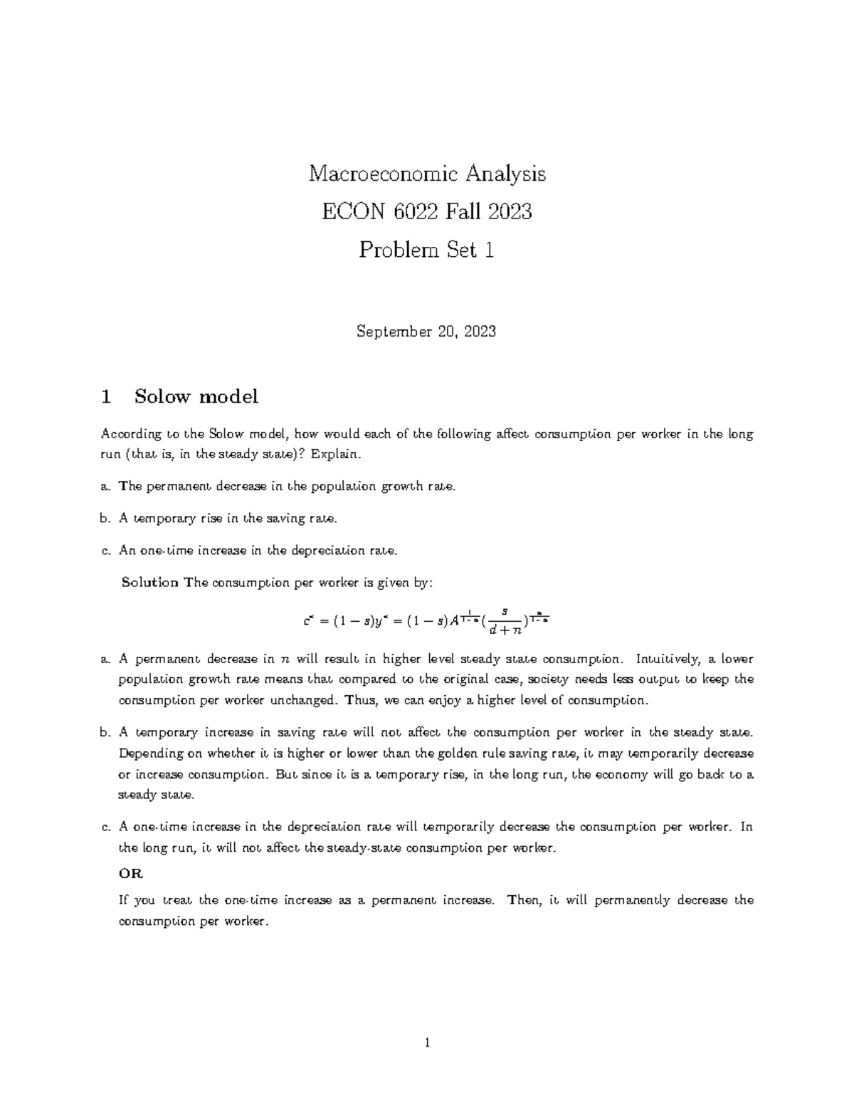 2023 PS1 solution - 6022 23fall ps1 - Macroeconomic Analysis ECON 6022 Fall 2023 Problem Set 1 ...