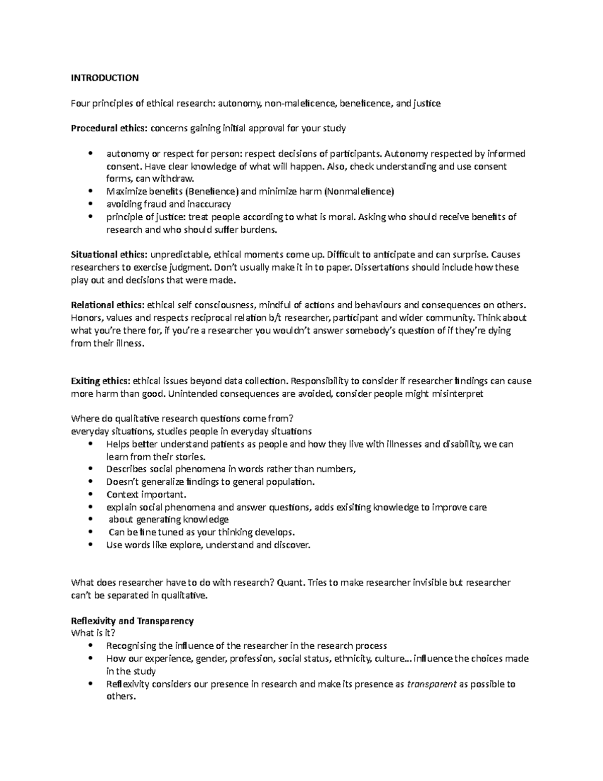 Quantitative Research Notes - INTRODUCTION Four principles of ethical ...