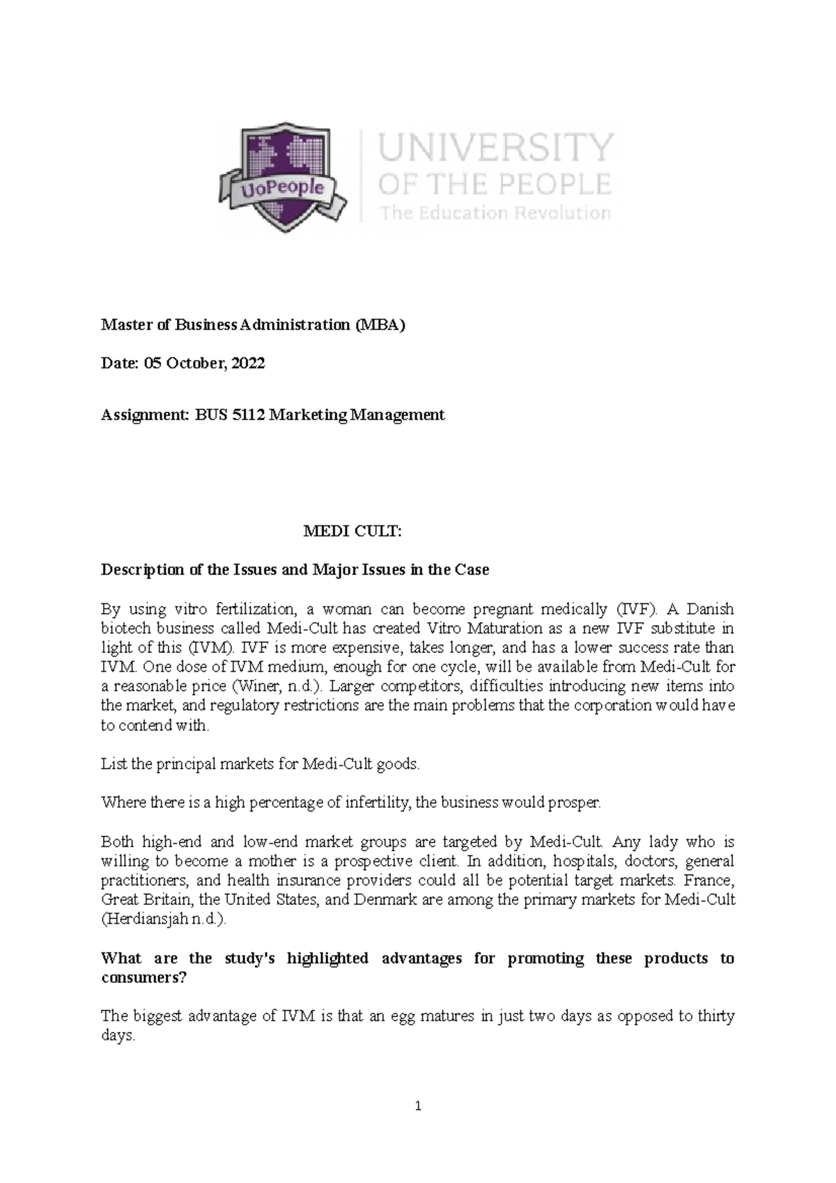 Written - Master of Business Administration (MBA) Date: 05 October ...