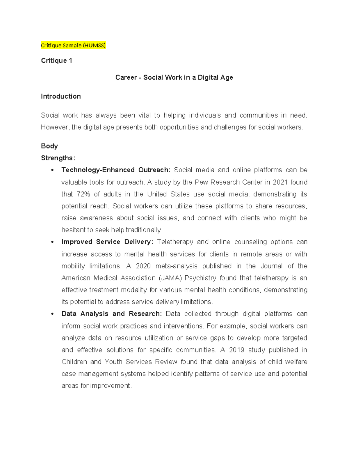 Critique-Samples - Not mine - Critique Sample (HUMSS) Critique 1 Career ...