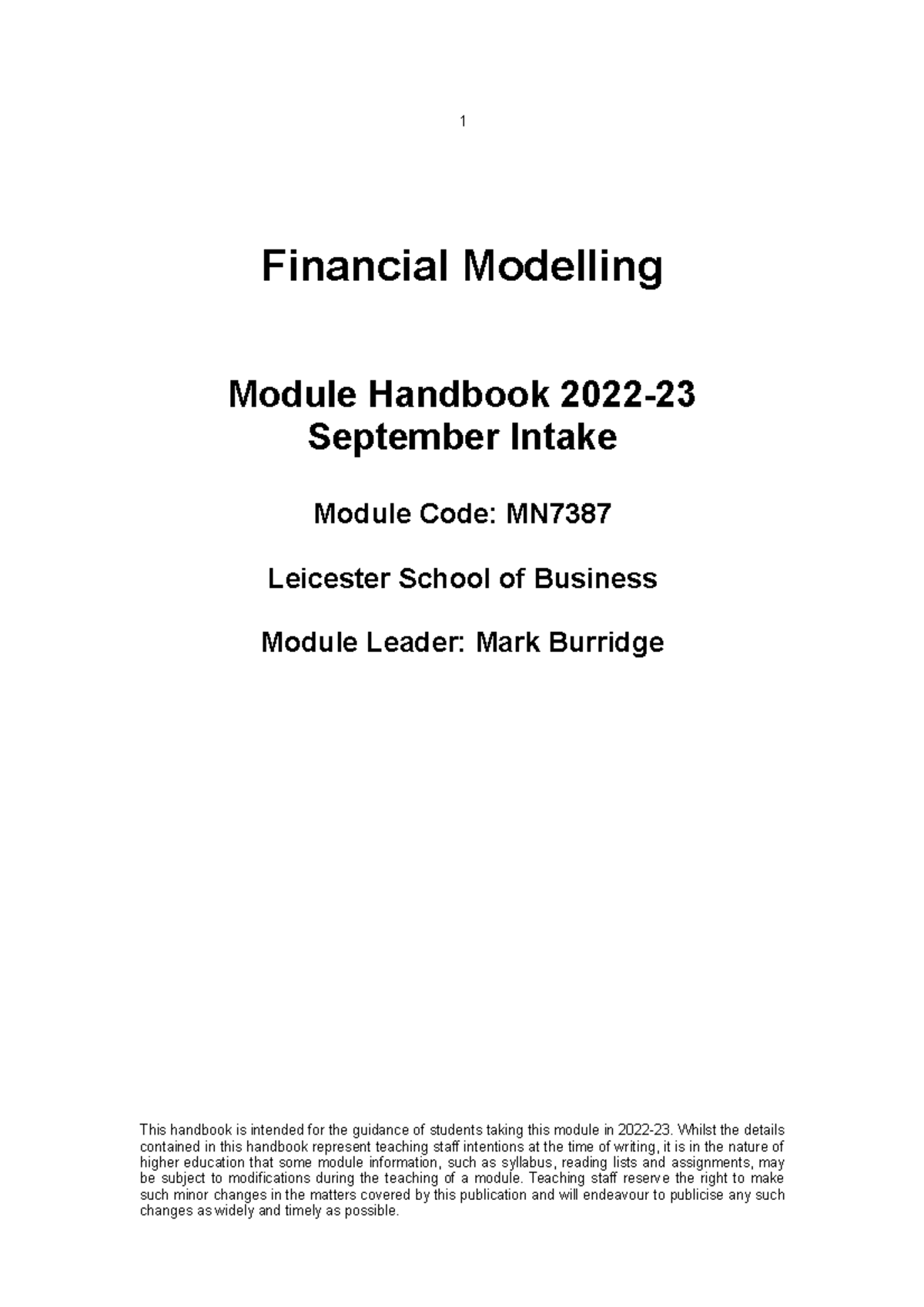 MN7387 Financial Modelling Handbook 2022-23 September Intake - Financial Modelling Module ...