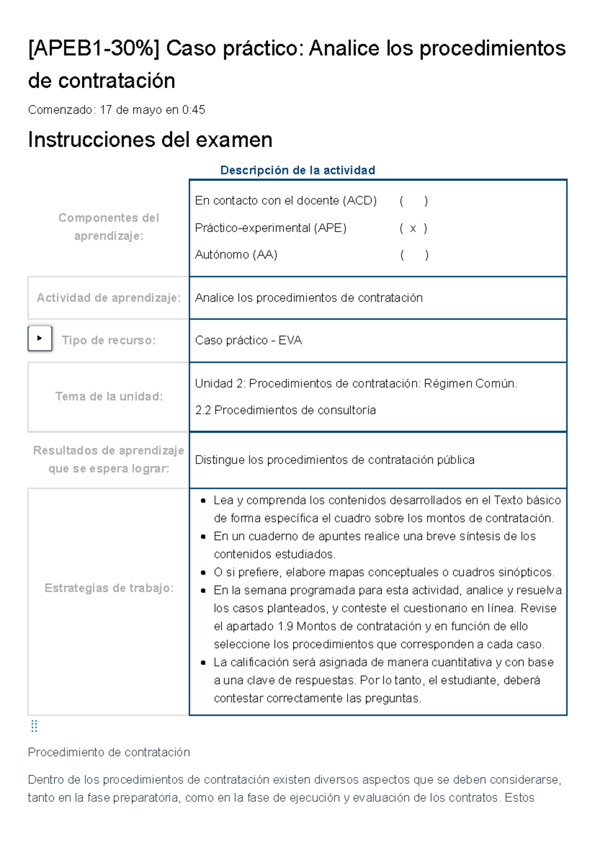 CC Examen [APEB 1-30%] Caso práctico Analice los procedimientos de contratación - [APEB1-30% ...