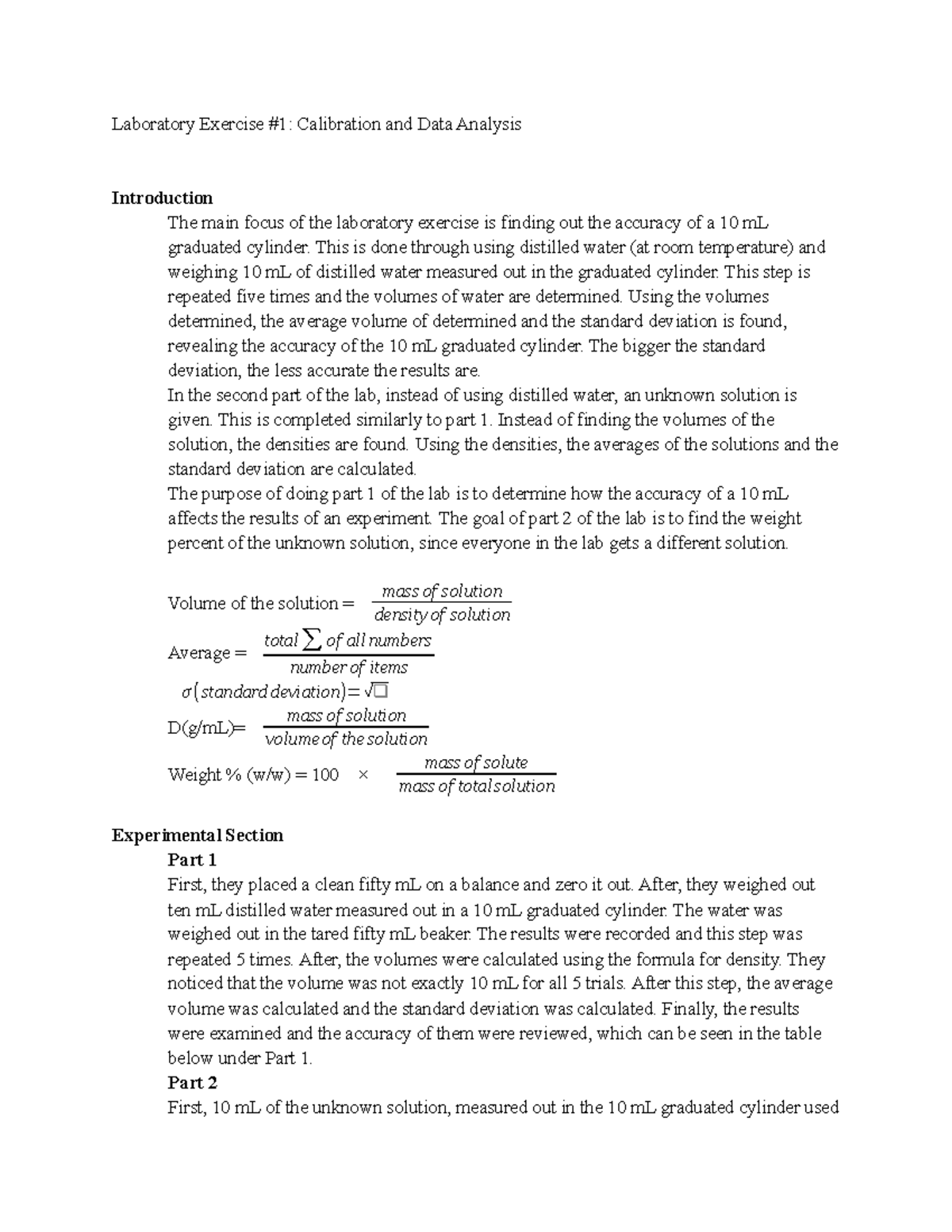 Laboratory Exercise Calibration and Data Analysis - Studocu