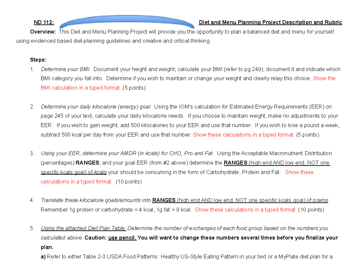 ND 112 Diet and Menu Planning Project, 2020 - ND 112: Diet and Menu Planning Project Description ...