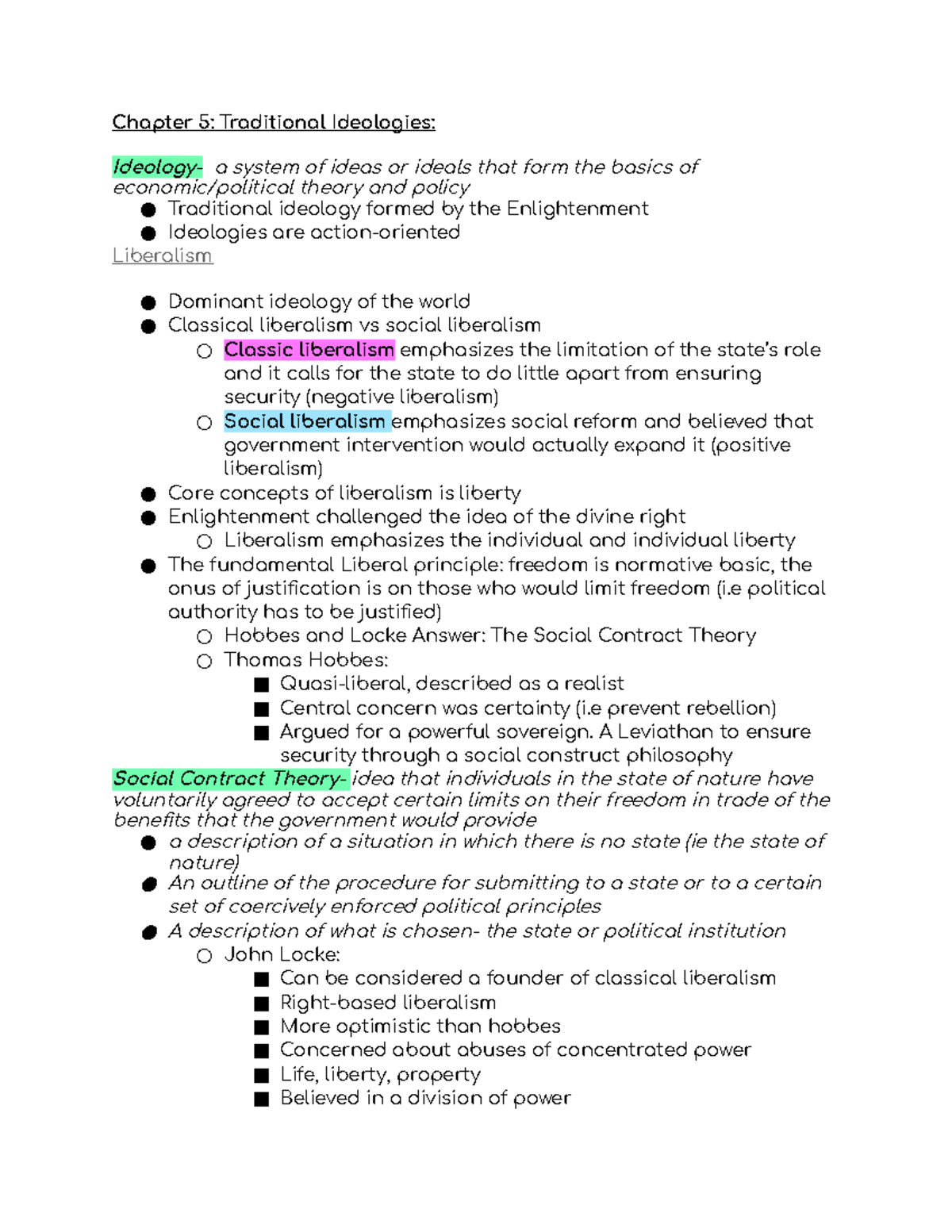 POSC100 Ch5 ideologies - Chapter 5: Traditional Ideologies: Ideology- a ...