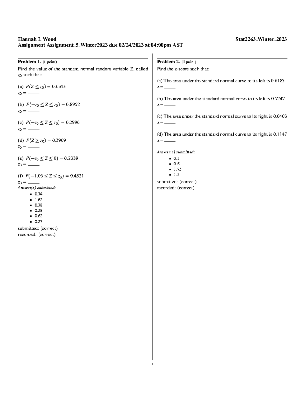 Stats Assignment 5 - Hannah I. Wood Stat2263 Winter 2023 Assignment Assignment 5 Winter2023 due ...