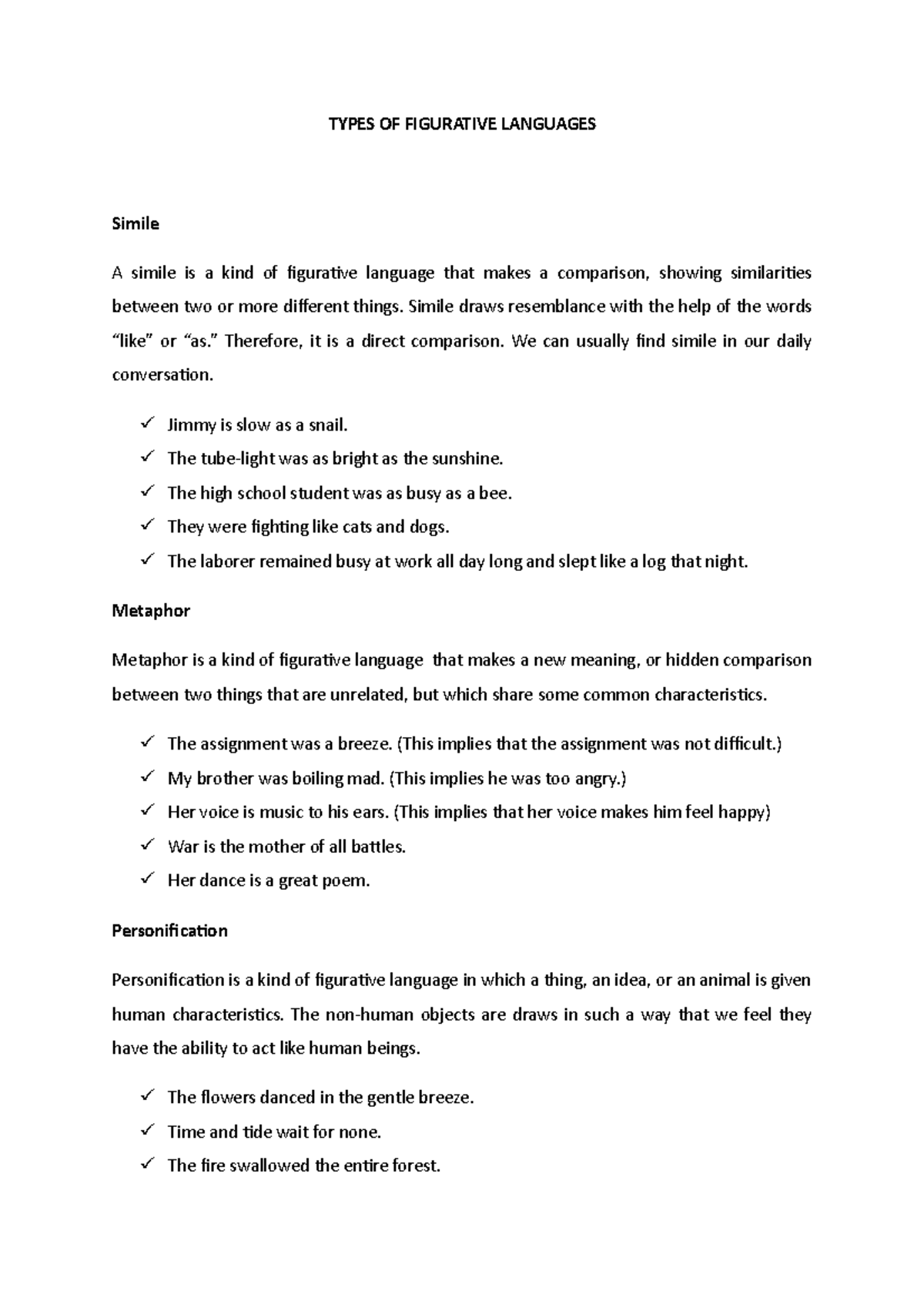 Types of Figurative Language - TYPES OF FIGURATIVE LANGUAGES Simile A ...