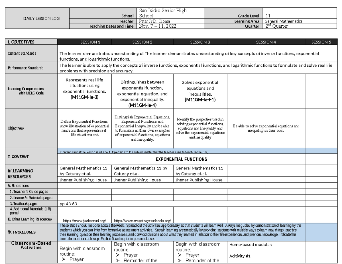 DLL-Gen-MAthematics week 1 - DAILY LESSON LOG School San Isidro Senior ...