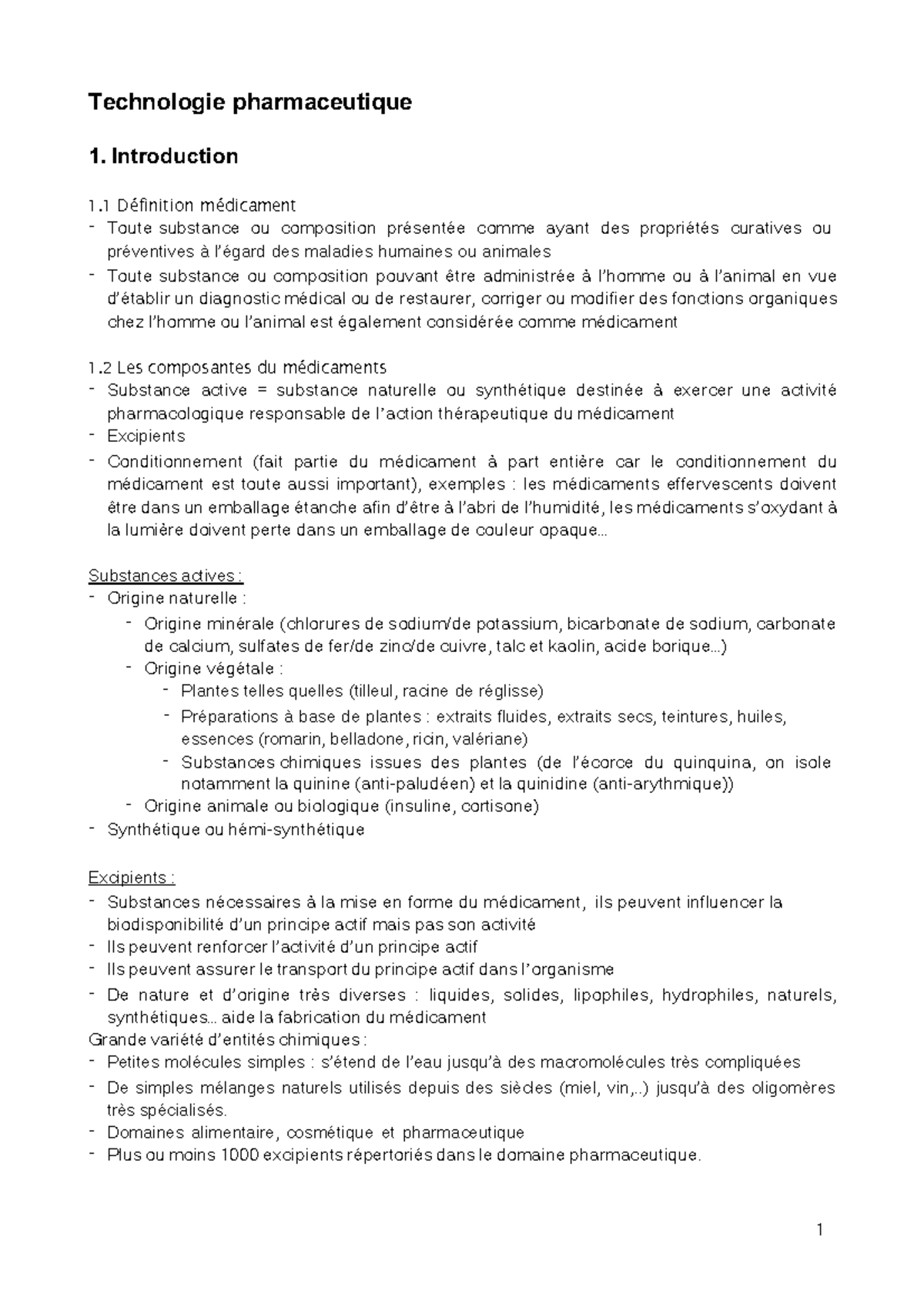 Technologie pharmaceutique - Introduction 1 Définition médicament Toute ...