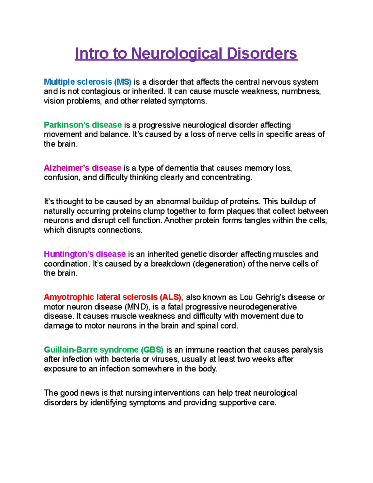 Intro to Neurological Disorders Lecture - Intro to Neurological ...