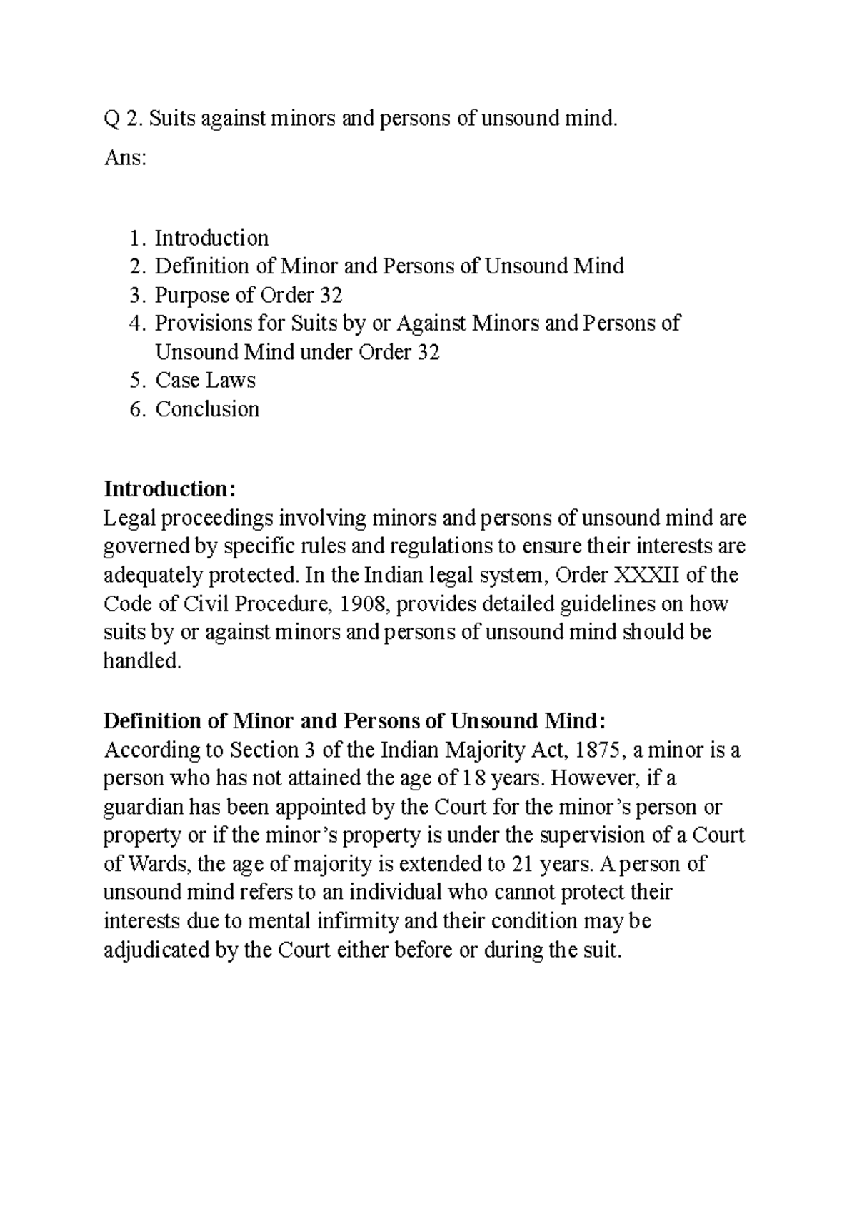 Q 2 - Suits against minors and persons of unsound mind. - Q 2. Suits ...