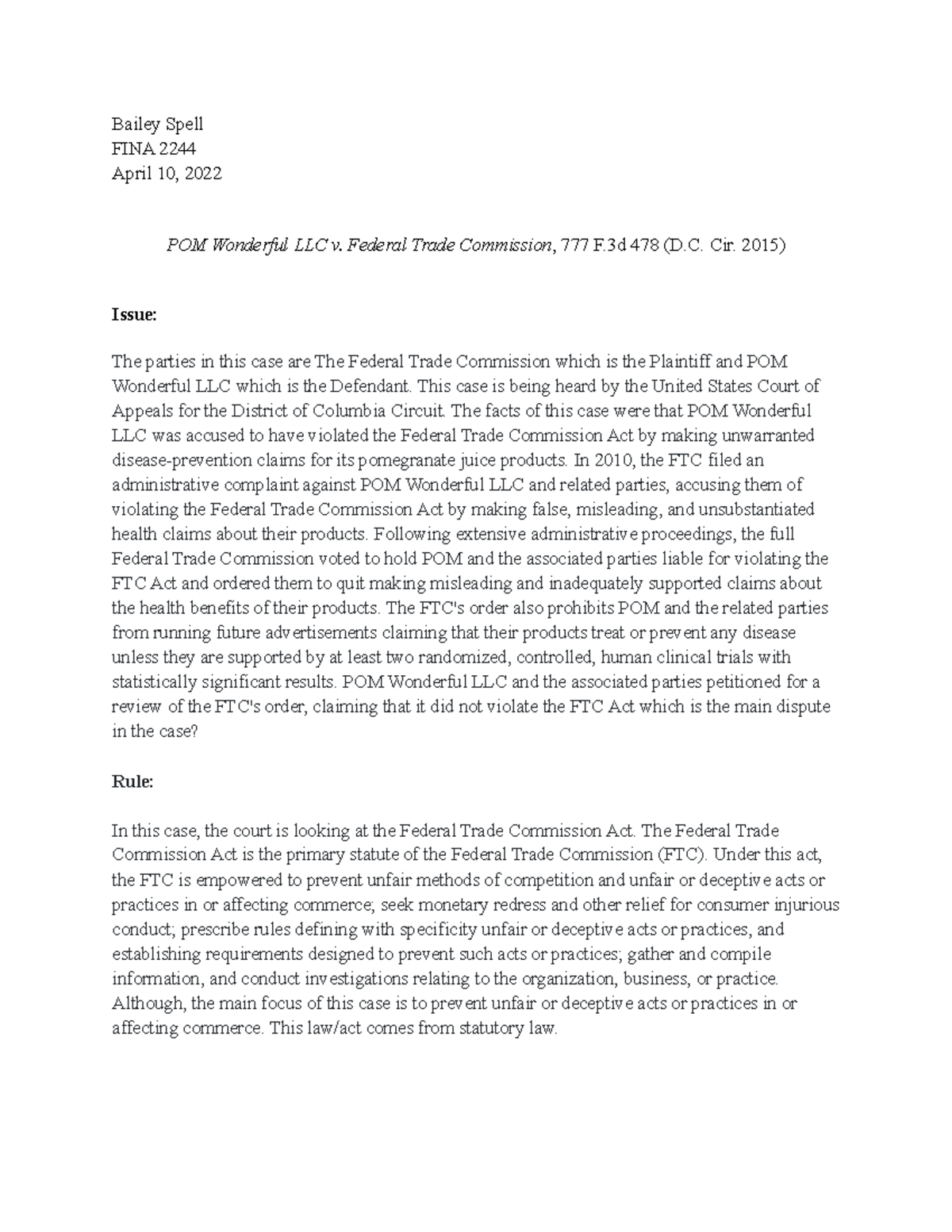 FINA 2244 Chapter 19 Case Brief - Bailey Spell FINA 2244 April 10, 2022 ...