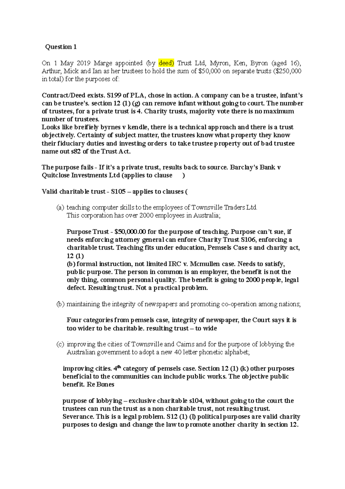 Tutorial 5 Answer - Question 1 On 1 May 2019 Marge appointed (by deed ...