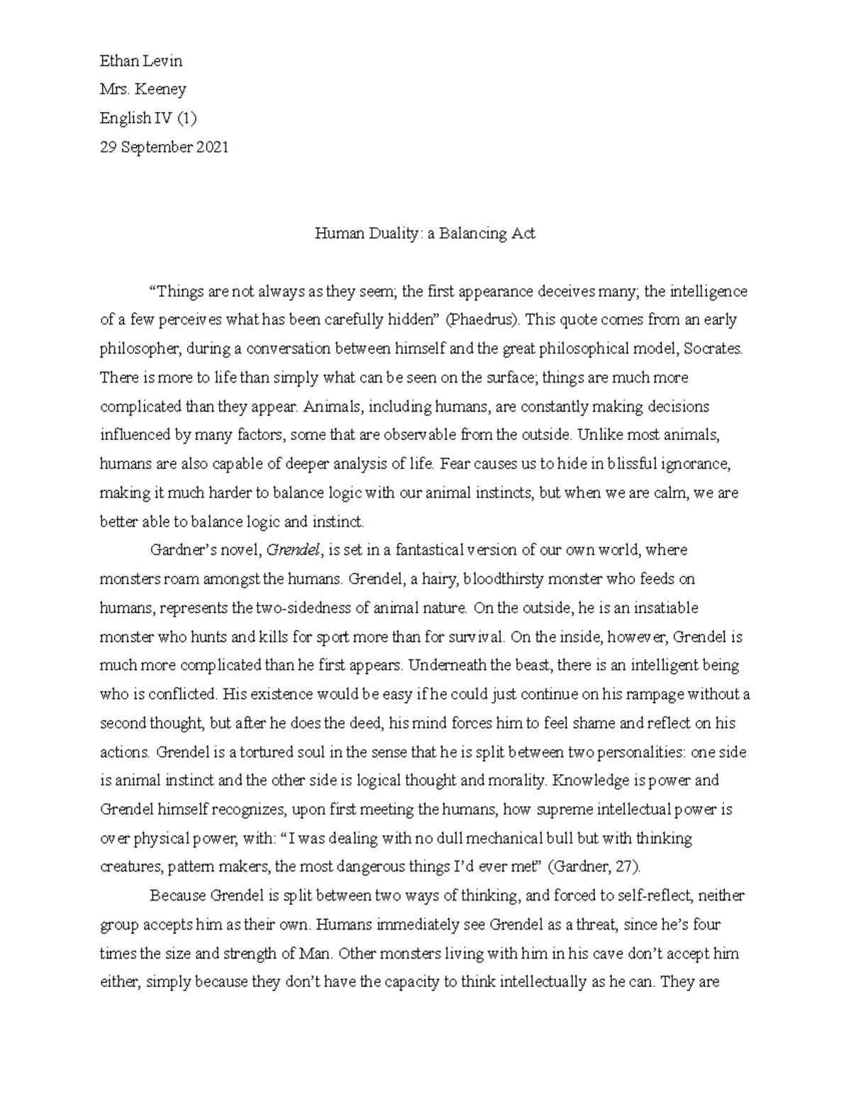 Human Duality a Balancing Act - Ethan Levin Mrs. Keeney English IV (1 ...