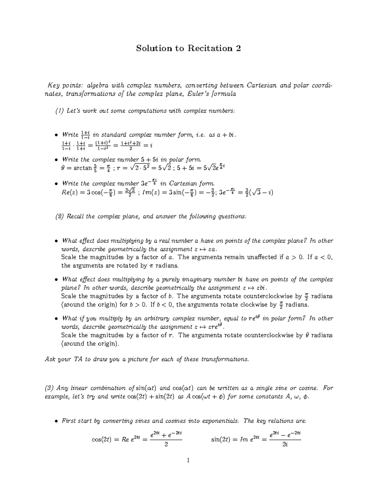 Solution Recitation 2 - 18. 03 - MIT - Studocu