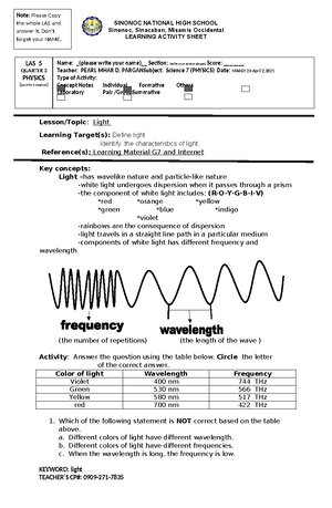5 light - answer sheet - LAS 5 QUARTER 3 PHYSICS (good for 2 sessions ...