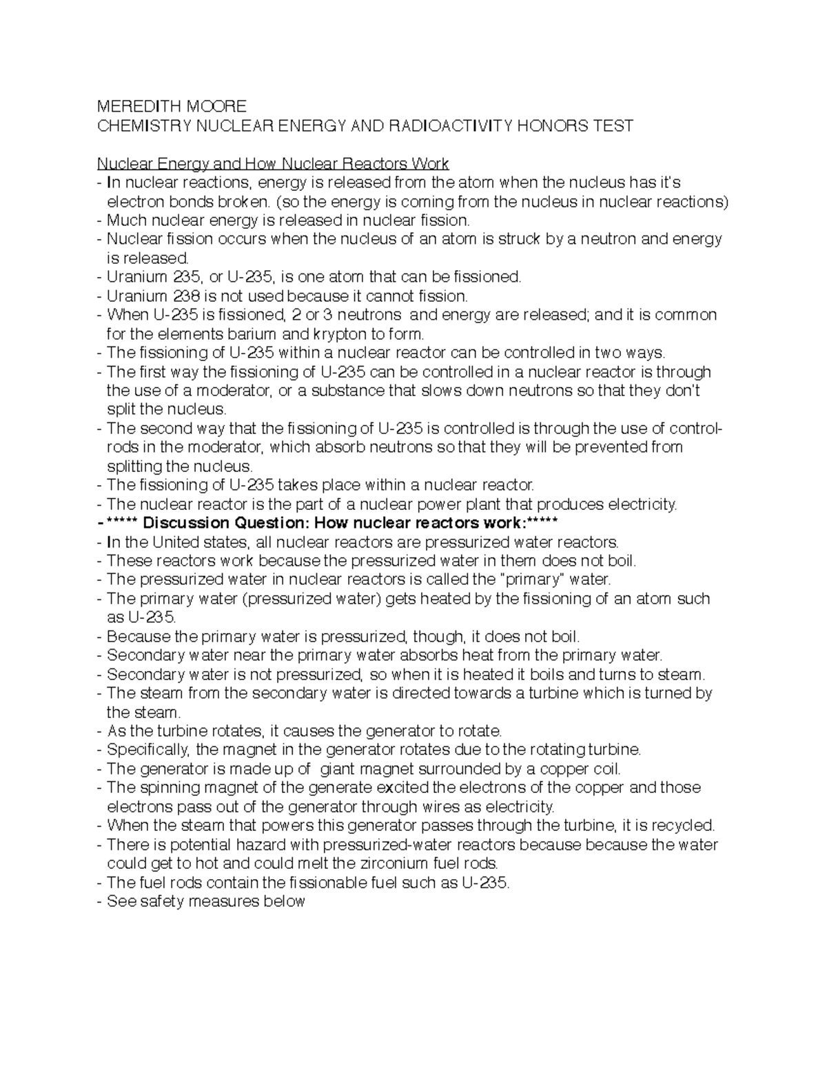 Nuclear Power and Radioactivity Honors test - MEREDITH MOORE CHEMISTRY ...