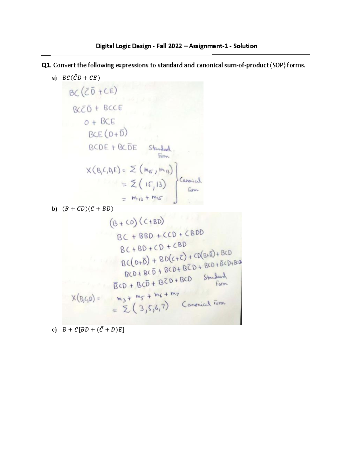 Assignment 1 Solution - Digital Logic Design - Fall 2022 – Assignment-1 - Solution Q1. Convert ...