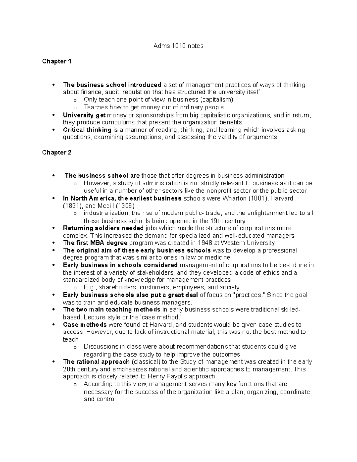 ADMS 1010 Chp 1-5 Notes - Adms 1010 notes Chapter 1 The business school ...